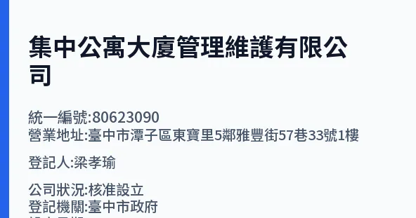 集中公寓大廈管理維護有限公司的照片-統編 80623090(臺中市) 公司登記資料與營業項目詳細圖表
