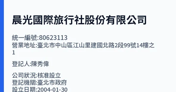 晨光國際旅行社股份有限公司的照片-統編 80623113(臺北市) 公司登記資料與營業項目詳細圖表