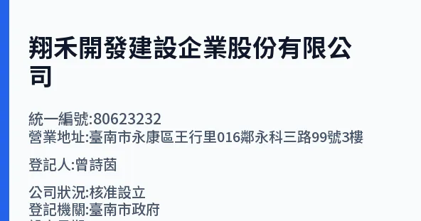 翔禾開發建設企業股份有限公司的照片-統編 80623232(臺南市) 公司登記資料與營業項目詳細圖表