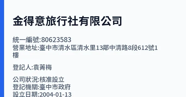金得意旅行社有限公司的照片-統編 80623583(臺中市) 公司登記資料與營業項目詳細圖表