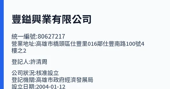 豐鎰興業有限公司的照片-統編 80627217(高雄市) 公司登記資料與營業項目詳細圖表