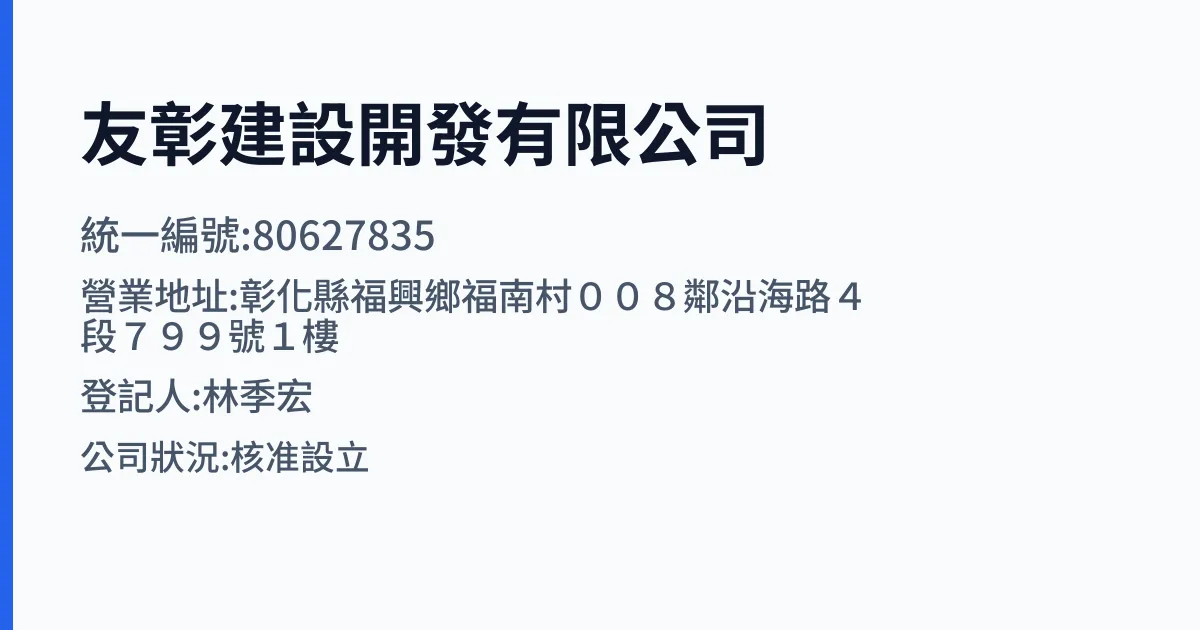 友彰建設開發有限公司 - 統編 80627835(彰化縣) 公司登記資料與營業項目詳細圖表