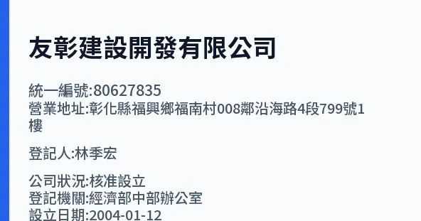 友彰建設開發有限公司的照片-統編 80627835(彰化縣) 公司登記資料與營業項目詳細圖表