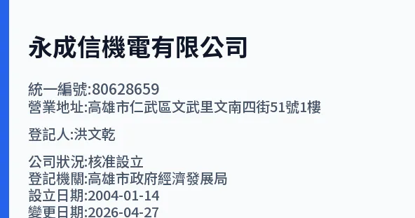 永成信機電有限公司的照片-統編 80628659(高雄市) 公司登記資料與營業項目詳細圖表
