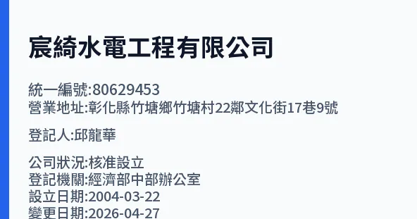 宸綺水電工程有限公司的照片-統編 80629453(彰化縣) 公司登記資料與營業項目詳細圖表