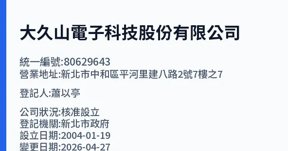 大久山電子科技股份有限公司的照片-統編 80629643(新北市) 公司登記資料與營業項目詳細圖表
