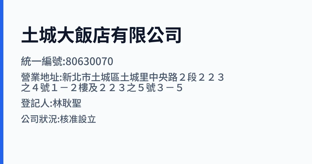 土城大飯店有限公司 - 統編 80630070(新北市) 公司登記資料與營業項目詳細圖表