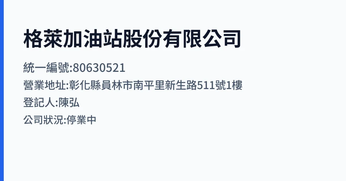格萊加油站股份有限公司 - 統編 80630521(彰化縣) 公司登記資料與營業項目詳細圖表