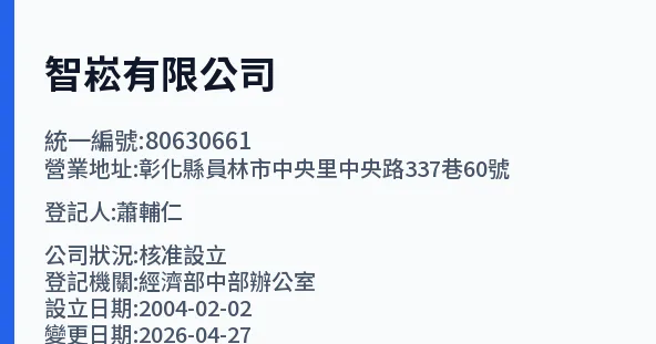 智崧有限公司的照片-統編 80630661(彰化縣) 公司登記資料與營業項目詳細圖表