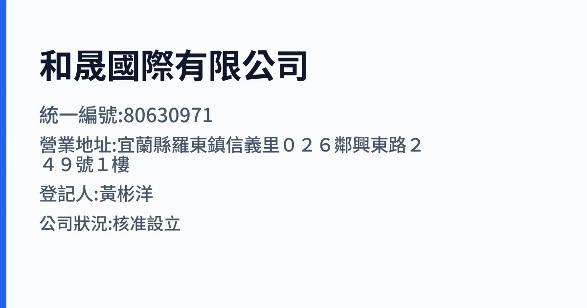 和晟國際有限公司 - 統編 80630971(宜蘭縣) 公司登記資料與營業項目詳細圖表