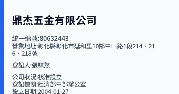 鼎杰五金有限公司的照片-統編 80632443(彰化縣) 公司登記資料與營業項目詳細圖表