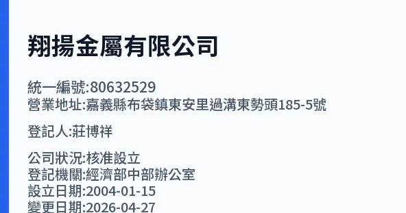 翔揚金屬有限公司的照片-統編 80632529(嘉義縣) 公司登記資料與營業項目詳細圖表