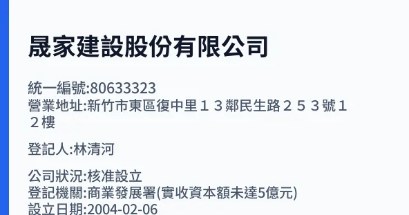 晟家建設股份有限公司的照片-統編 80633323(新竹市) 公司登記資料與營業項目詳細圖表