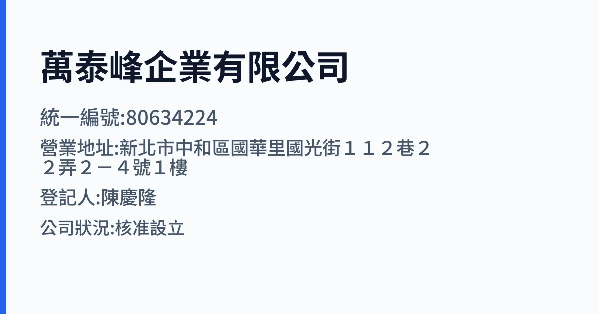 萬泰峰企業有限公司 - 統編 80634224(新北市) 公司登記資料與營業項目詳細圖表