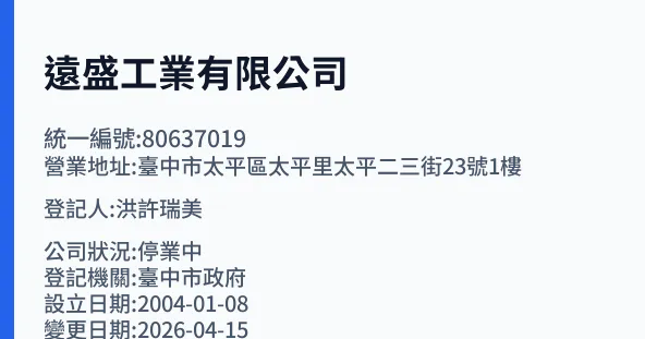 遠盛工業有限公司的照片-統編 80637019(臺中市) 公司登記資料與營業項目詳細圖表