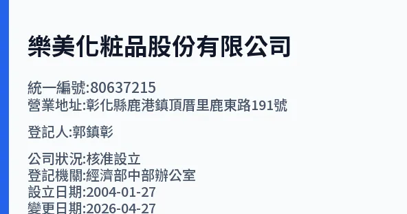 樂美化粧品股份有限公司的照片-統編 80637215(彰化縣) 公司登記資料與營業項目詳細圖表