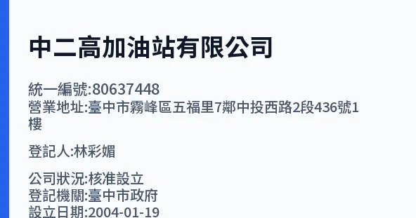 中二高加油站有限公司的照片-統編 80637448(臺中市) 公司登記資料與營業項目詳細圖表