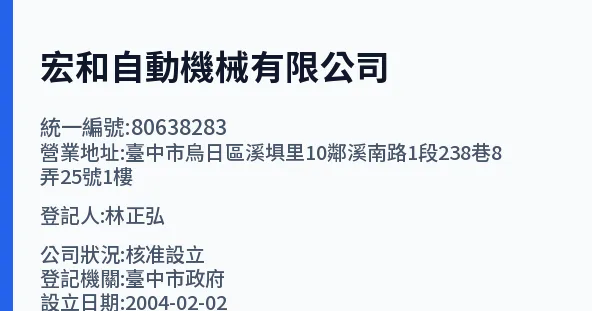 宏和自動機械有限公司的照片-統編 80638283(臺中市) 公司登記資料與營業項目詳細圖表