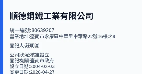 順德鋼鐵工業有限公司的照片-統編 80639207(臺南市) 公司登記資料與營業項目詳細圖表