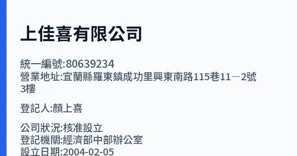 上佳喜有限公司的照片-統編 80639234(宜蘭縣) 公司登記資料與營業項目詳細圖表