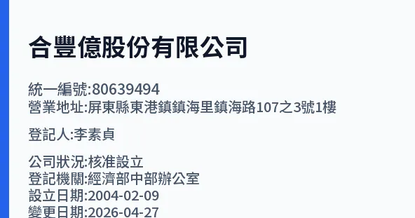 合豐億股份有限公司的照片-統編 80639494(屏東縣) 公司登記資料與營業項目詳細圖表