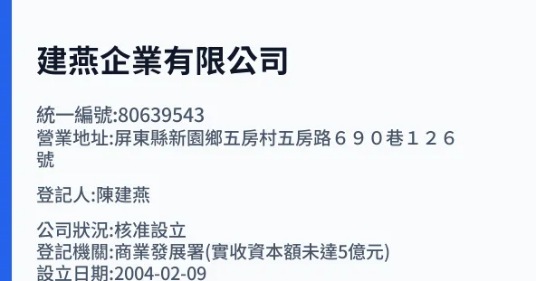 建燕企業有限公司的照片-統編 80639543(屏東縣) 公司登記資料與營業項目詳細圖表