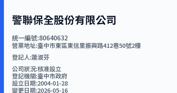 警聯保全股份有限公司的照片-統編 80640632(臺中市) 公司登記資料與營業項目詳細圖表