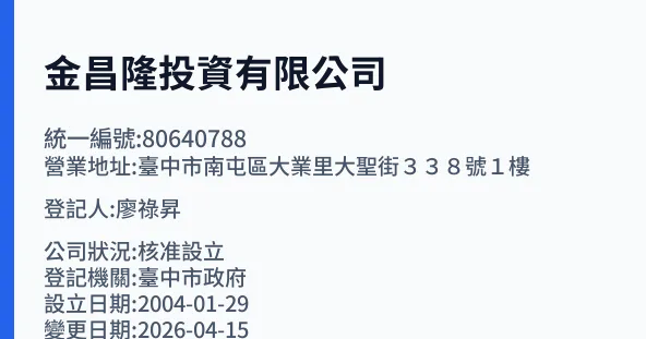 金昌隆投資有限公司的照片-統編 80640788(臺中市) 公司登記資料與營業項目詳細圖表