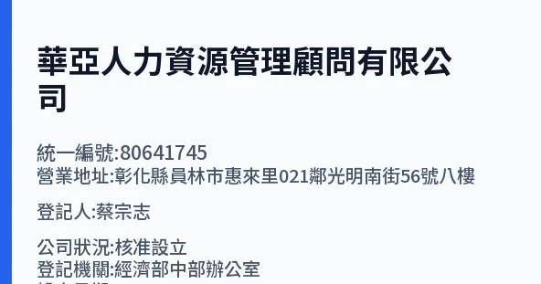 華亞人力資源管理顧問有限公司的照片-統編 80641745(彰化縣) 公司登記資料與營業項目詳細圖表