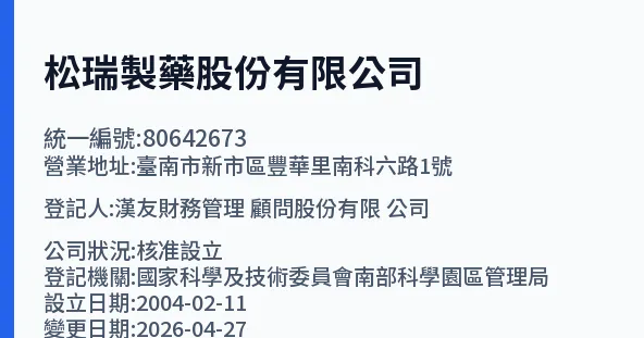 松瑞製藥股份有限公司的照片-統編 80642673(臺南市) 公司登記資料與營業項目詳細圖表