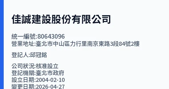 佳誠建設股份有限公司的照片-統編 80643096(臺北市) 公司登記資料與營業項目詳細圖表