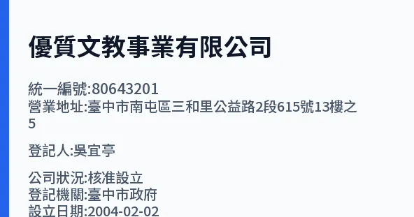優質文教事業有限公司的照片-統編 80643201(臺中市) 公司登記資料與營業項目詳細圖表