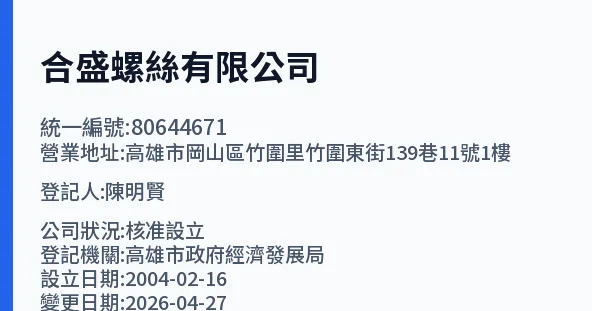 合盛螺絲有限公司的照片-統編 80644671(高雄市) 公司登記資料與營業項目詳細圖表