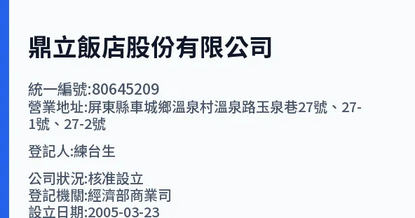 鼎立飯店股份有限公司的照片-統編 80645209(屏東縣) 公司登記資料與營業項目詳細圖表