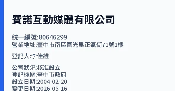 費諾互動媒體有限公司的照片-統編 80646299(臺中市) 公司登記資料與營業項目詳細圖表