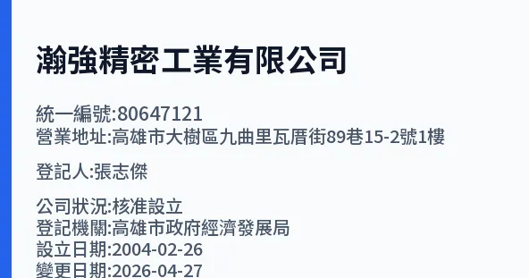瀚強精密工業有限公司的照片-統編 80647121(高雄市) 公司登記資料與營業項目詳細圖表