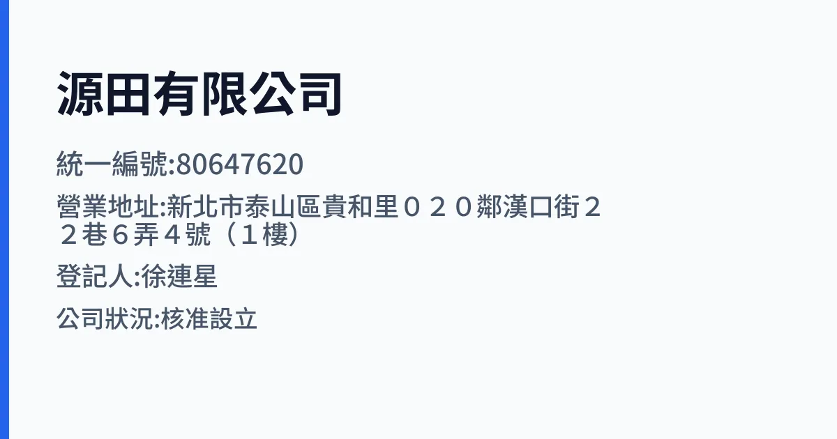 源田有限公司 - 統編 80647620（新北市） 公司登記資料與營業項目詳細圖表