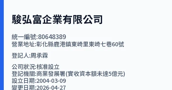 駿弘富企業有限公司的照片-統編 80648389(彰化縣) 公司登記資料與營業項目詳細圖表