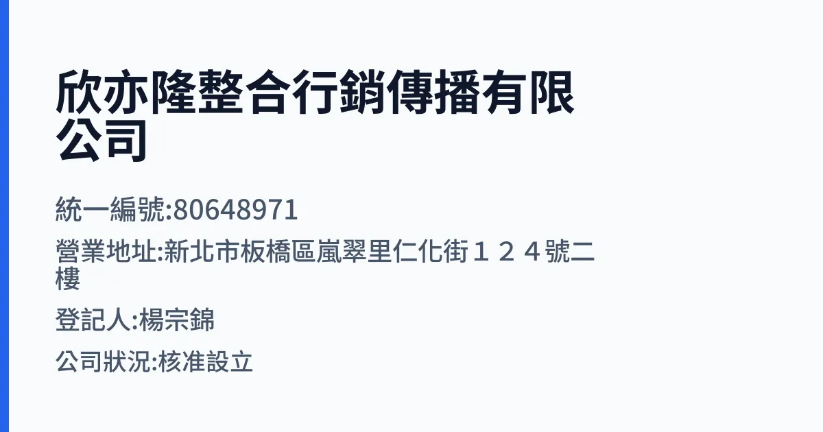 欣亦隆整合行銷傳播有限公司 - 統編 80648971(新北市) 公司登記資料與營業項目詳細圖表