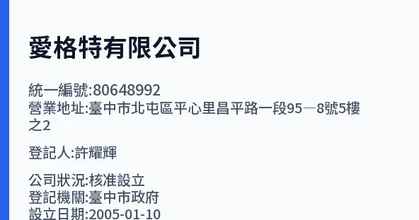 愛格特有限公司的照片-統編 80648992(臺中市) 公司登記資料與營業項目詳細圖表