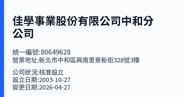 佳學事業股份有限公司中和分公司的照片-統編 80649628(新北市) 公司登記資料與營業項目詳細圖表