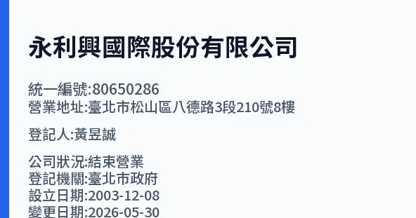 永利興國際股份有限公司的照片-統編 80650286(臺北市) 公司登記資料與營業項目詳細圖表
