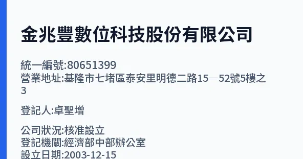 金兆豐數位科技股份有限公司的照片-統編 80651399(基隆市) 公司登記資料與營業項目詳細圖表