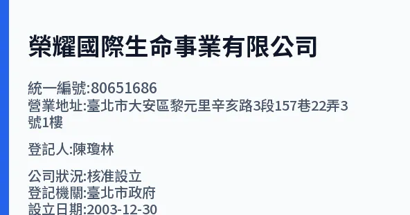 榮耀國際生命事業有限公司的照片-統編 80651686(臺北市) 公司登記資料與營業項目詳細圖表