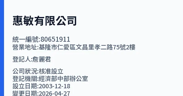 惠敏有限公司的照片-統編 80651911(基隆市) 公司登記資料與營業項目詳細圖表