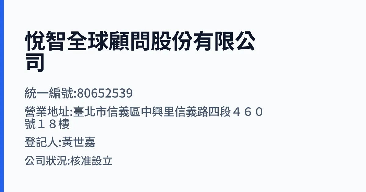 悅智全球顧問股份有限公司 - 統編 80652539(臺北市) 公司登記資料與營業項目詳細圖表
