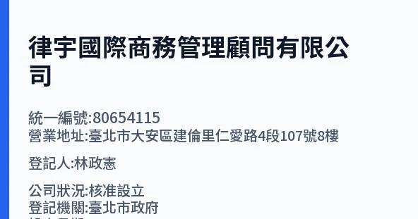 律宇國際商務管理顧問有限公司的照片-統編 80654115(臺北市) 公司登記資料與營業項目詳細圖表