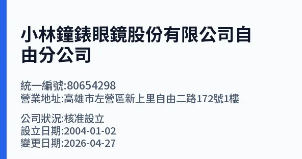 小林鐘錶眼鏡股份有限公司自由分公司的照片-統編 80654298(高雄市) 公司登記資料與營業項目詳細圖表