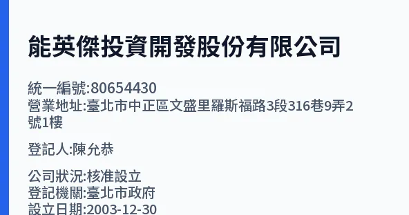 能英傑投資開發股份有限公司的照片-統編 80654430(臺北市) 公司登記資料與營業項目詳細圖表