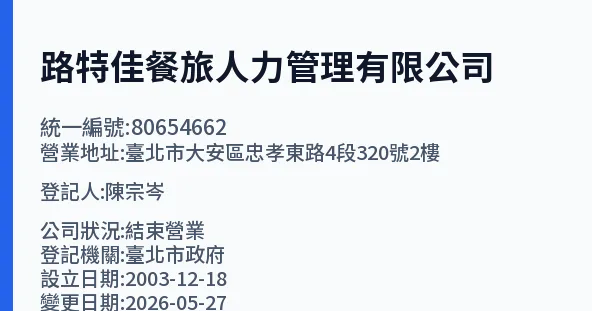 路特佳餐旅人力管理有限公司的照片-統編 80654662(臺北市) 公司登記資料與營業項目詳細圖表